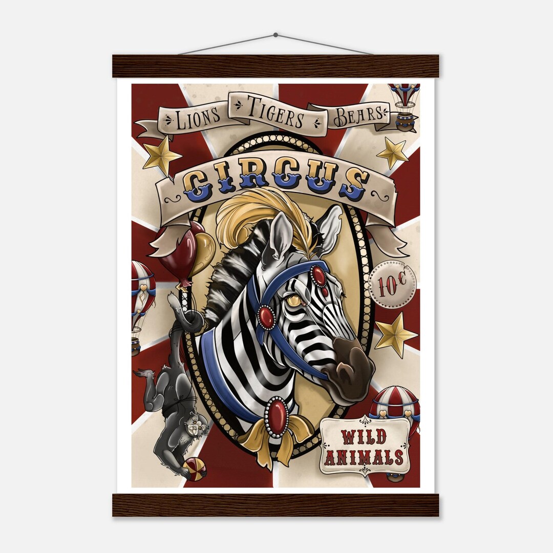 Vintage Circus Zebra Wall Hanging Poster With Durable Pine Hanger ...