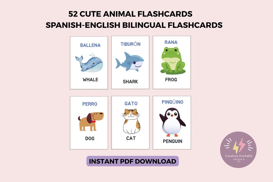 52 Animal Flashcards in English and Spanish, Bilingual, Printable ...