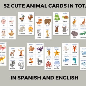 52 Animal Flashcards in English and Spanish, Bilingual, Printable ...