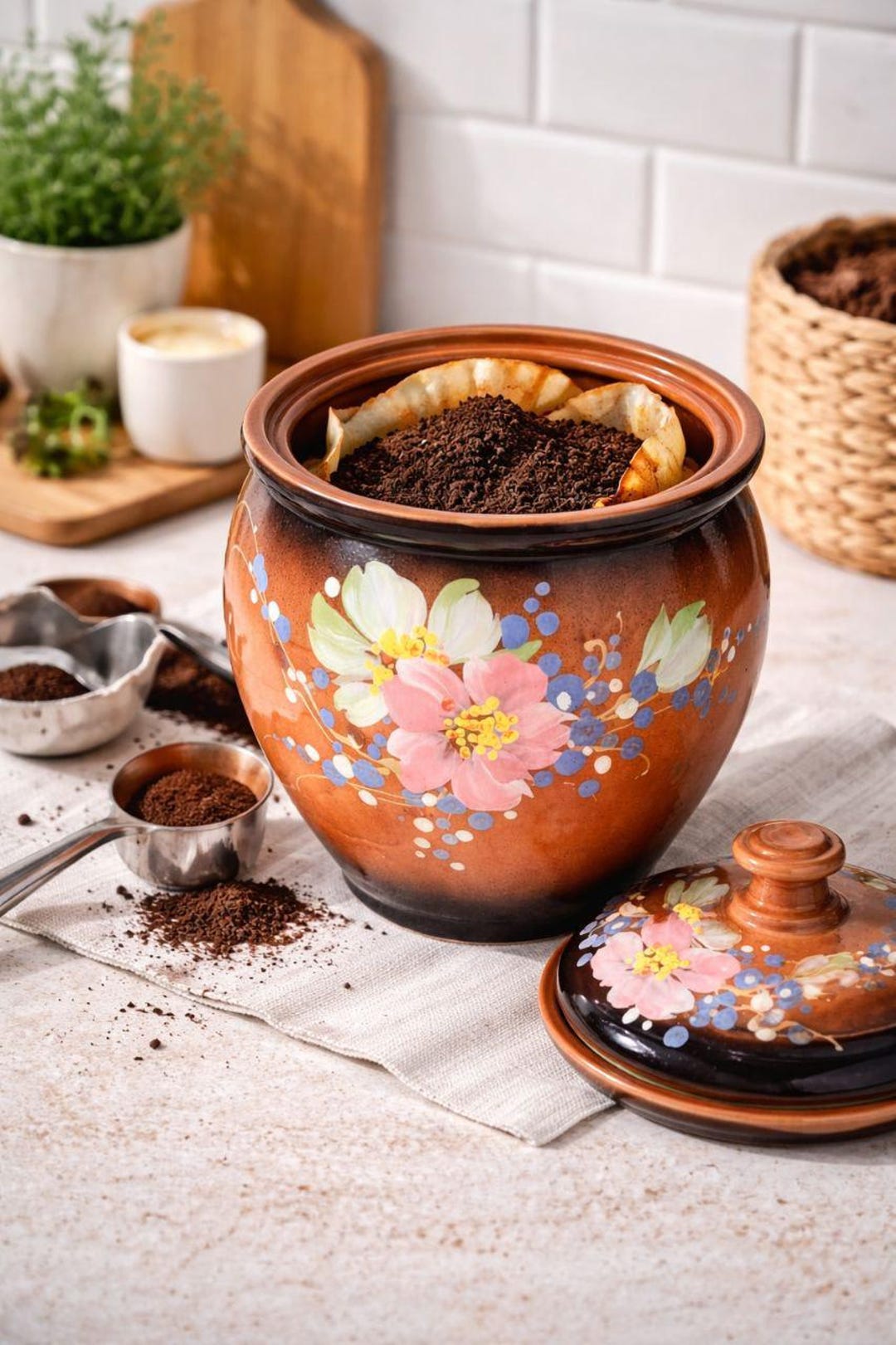 Hand Painted Ceramic Countertop Compost Crock With Lid | Kitchen Food ...
