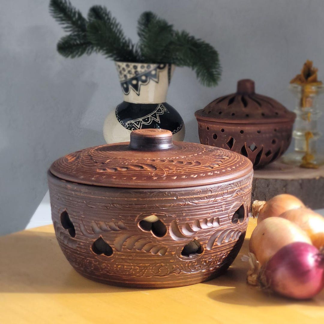 Hand-carved Terracotta Garlic Keeper With Lid – Rustic Clay Storage Pot ...