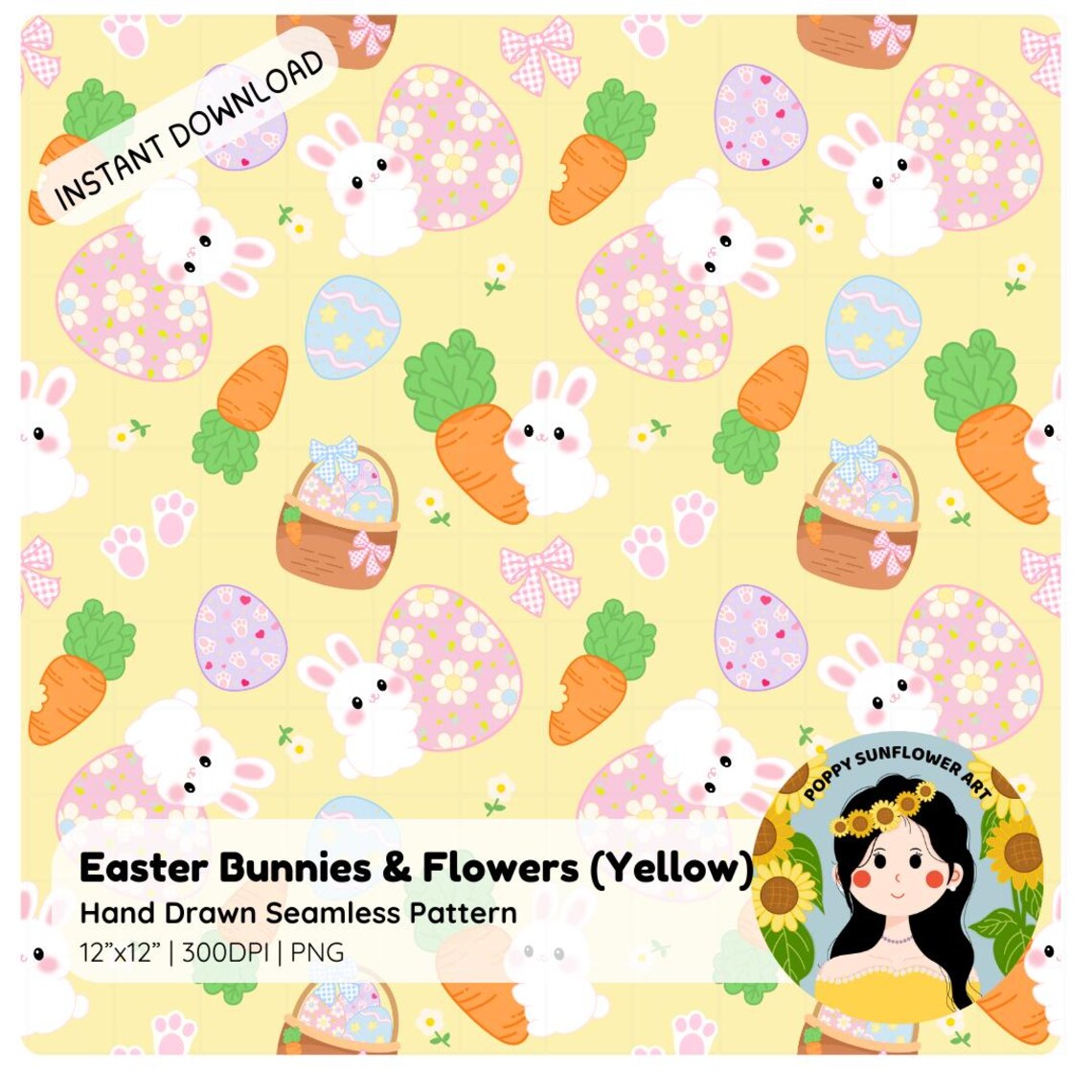 Kawaii Easter Bunny Seamless Pattern PNG | Yellow Cute Spring Bunny ...
