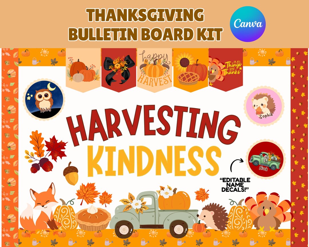 Thanksgiving Bulletin Board Kit | Canva Editable Name Decals | Bonus ...