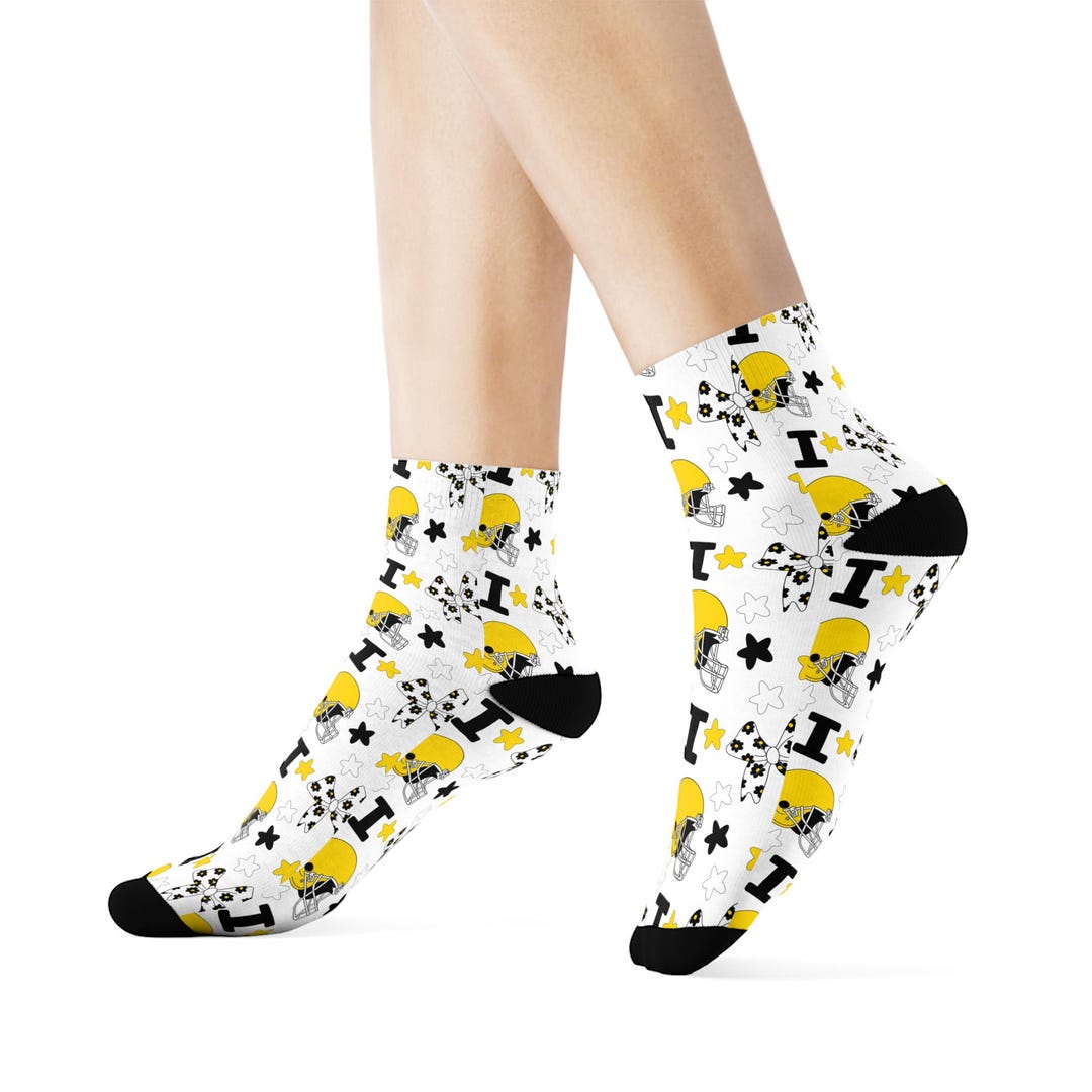 Iowa Crew Socks - Black and Yellow Football Helmets and Floral Bows ...
