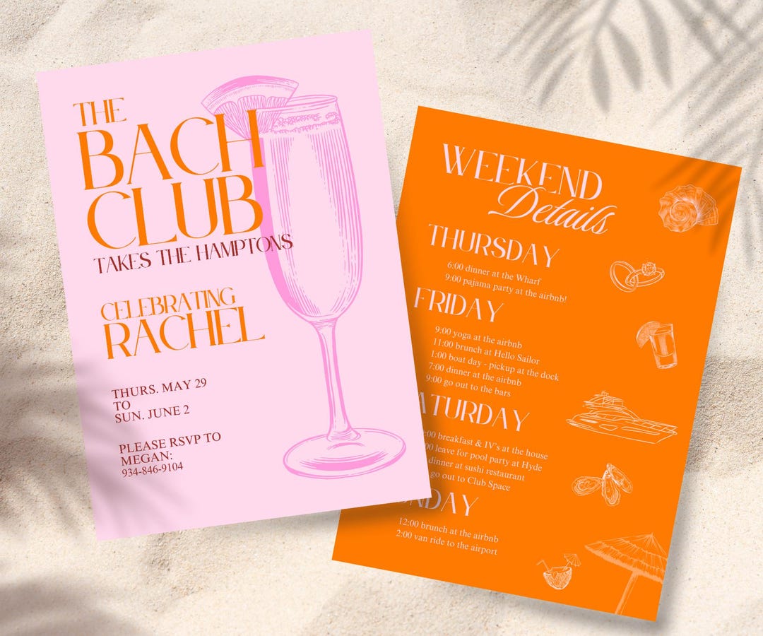 Pink and Orange Bach Club Invitation Itinerary Template, Beach ...
