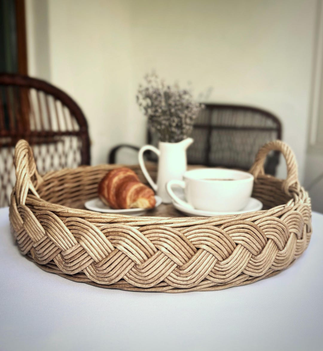 Large Round Wicker Tray With Handles, Serving Tray, Breakfast Tray ...