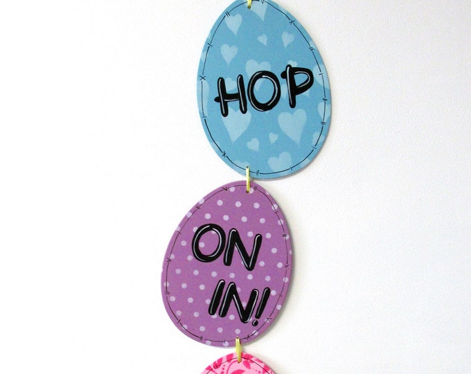 Easter Egg Sign, Hop on in Sign, Welcome Sign, Wood Eggs, Bunny ...