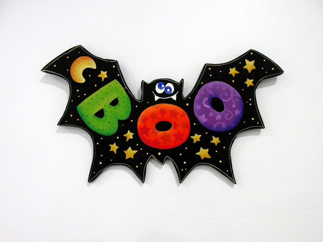 Halloween Boo Bat Sign, Black Bat, Colorful BOO, Yellow Moon and Stars ...