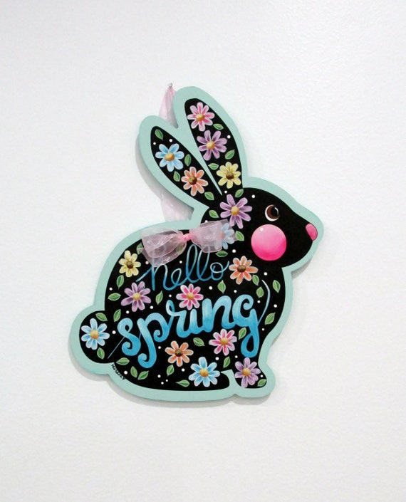 Hello Spring Bunny Sign Colorful Flowers Bunny Shaped Wood - Etsy