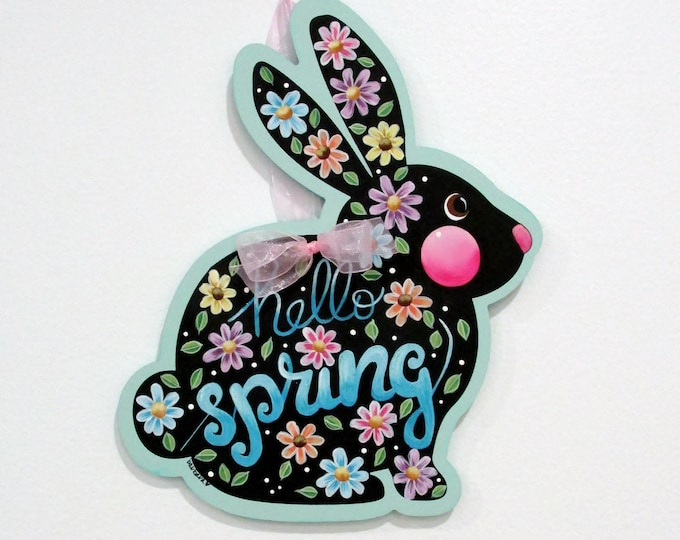 Hello Spring Bunny Sign, Colorful Flowers, Bunny Shaped Wood Hanging ...