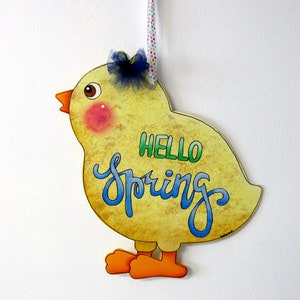 Yellow Chick, Hello Spring Sign, Folk Art Chick, Chick Shaped Wood ...