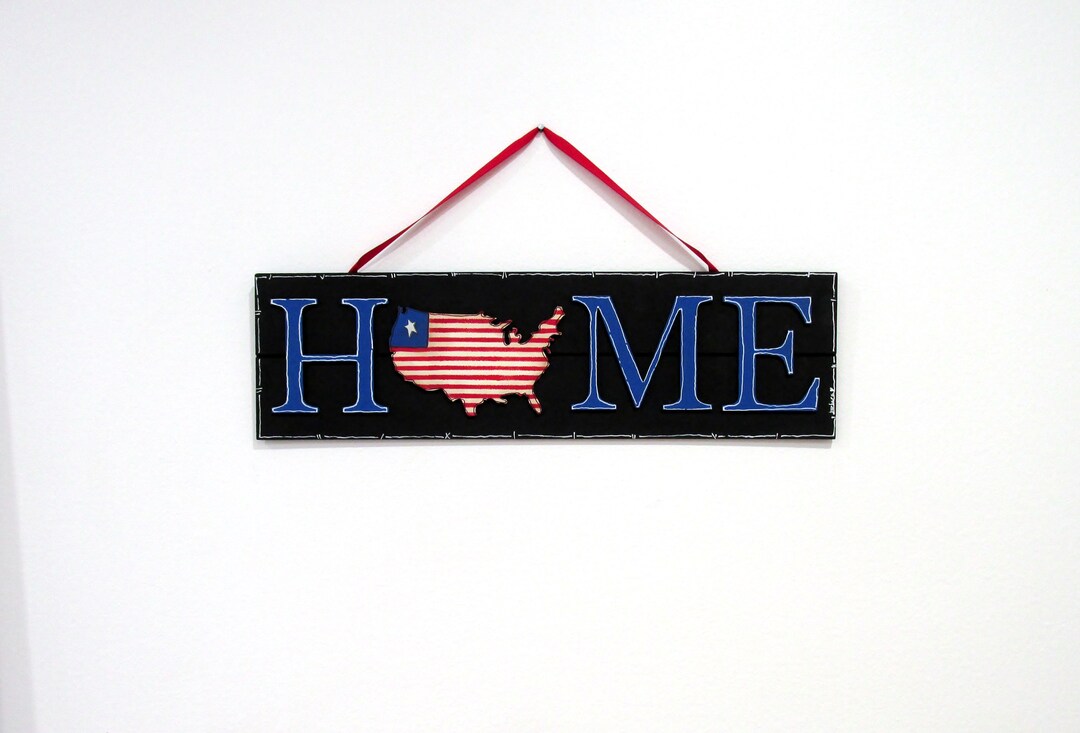 Home Sign, America, USA Flag, White Star, HOME Shape Wood Sign, United ...
