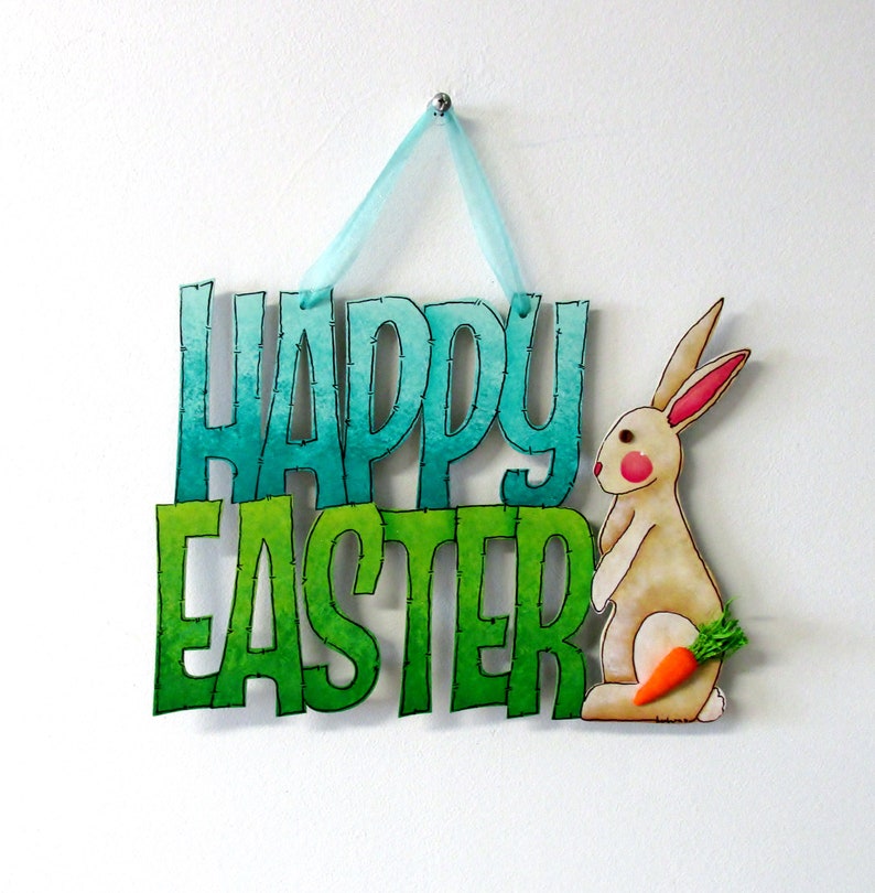 Happy Easter Sign Spring Sign Folk Art Bunny White Bunny - Etsy