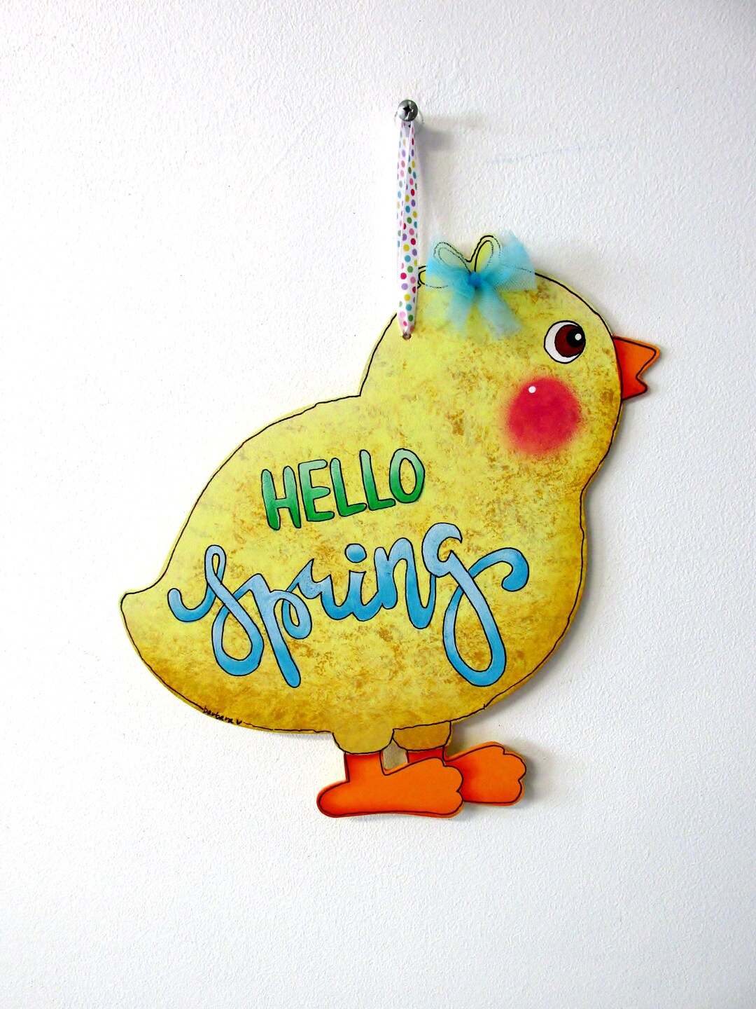 Yellow Chick, Hello Spring Sign, Folk Art Chick, Chick Shaped Wood ...