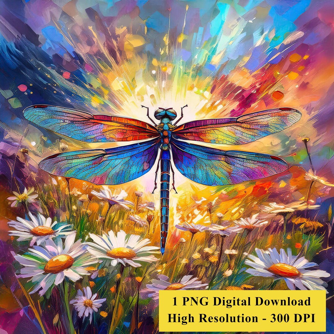 Digital Download PNG | Floral Colorful Dragonfly With Daisies | Digital ...
