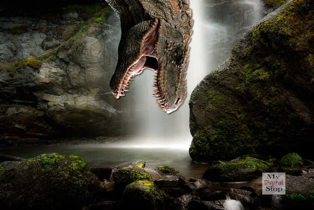 DIGITAL Backdrop JPG Photo Fantasy T-rex Dinosaur Waterfall Digital ...