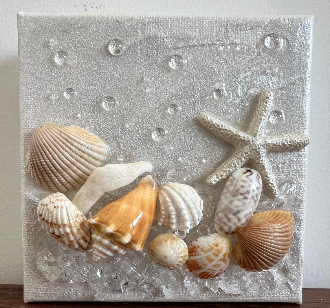 Beautiful Seashell Wall Art Canvas Resin Starfish Bubbles Sand Shells ...