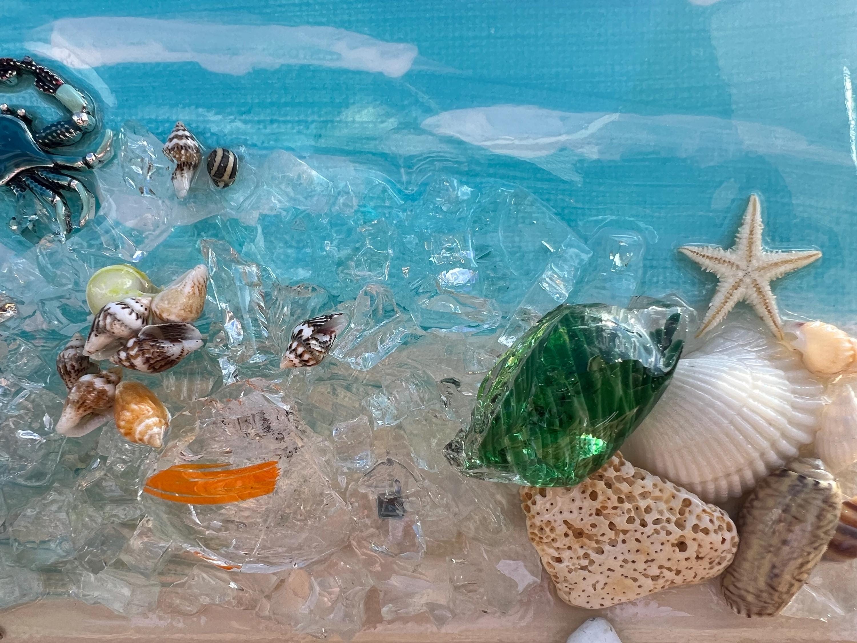 Handmade Ocean Resin Art With Seashells & Crab • Coastal Beach Scene ...