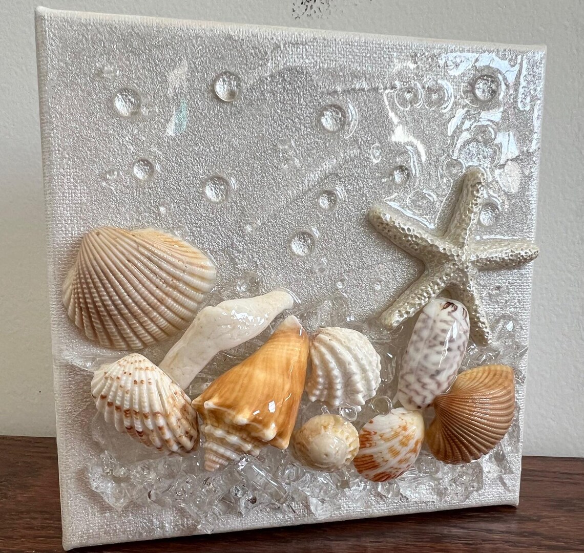 Beautiful Seashell Wall Art Canvas Resin Starfish Bubbles Sand Shells ...