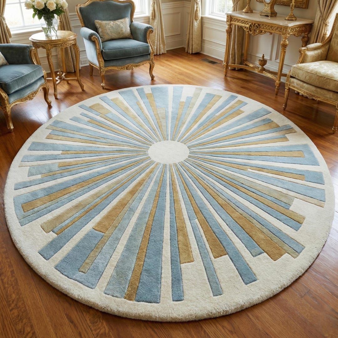 Luxury Round Sunburst Rug, Cream Blue Gold Radial Pattern Carpet ...
