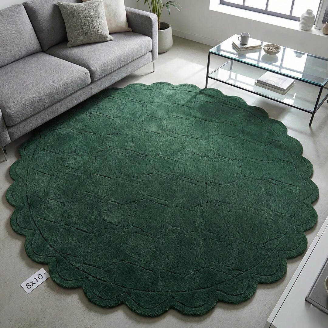 Modern Round Green Rug, Scalloped Edge Tufted Carpet, Minimalist Area ...