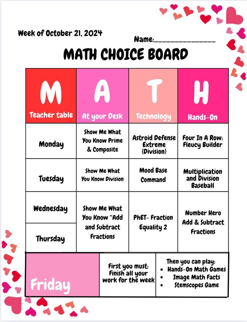 Math Choice Board - Etsy