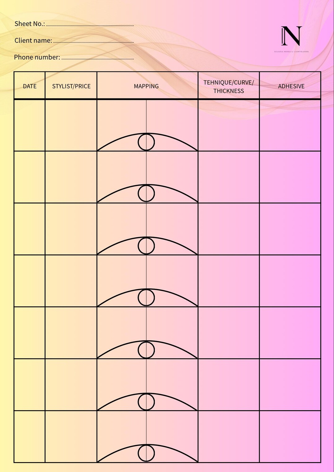 Lash Extension Client Record Template | Eyelash Mapping Sheet | Lash ...