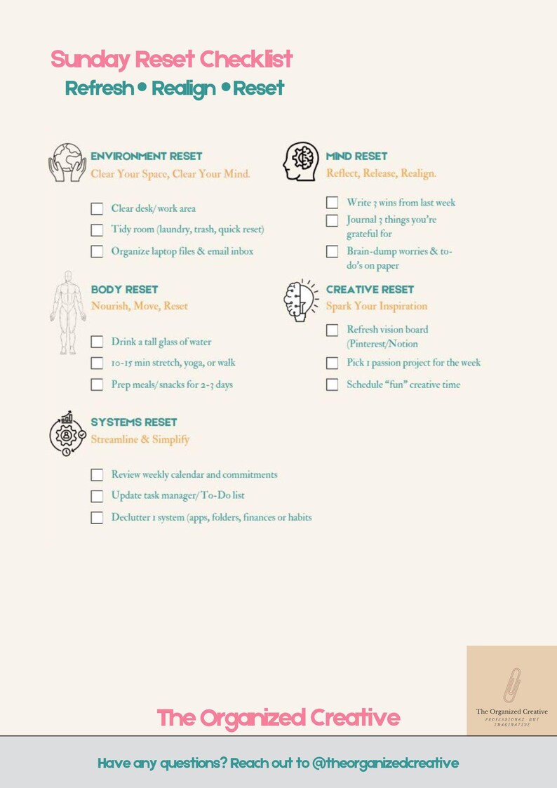 Sunday Reset Checklist | Printable Routine Planner for Organization ...