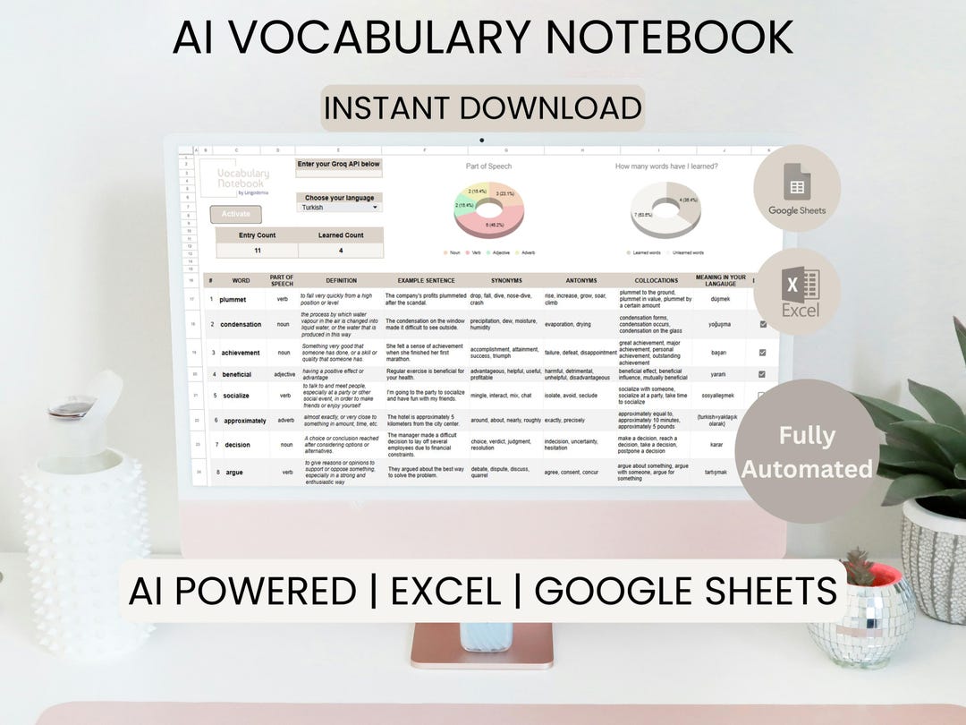Ai-powered Vocabulary Notebook | Excel & Google Sheets | Groq API Definitions, Examples ...