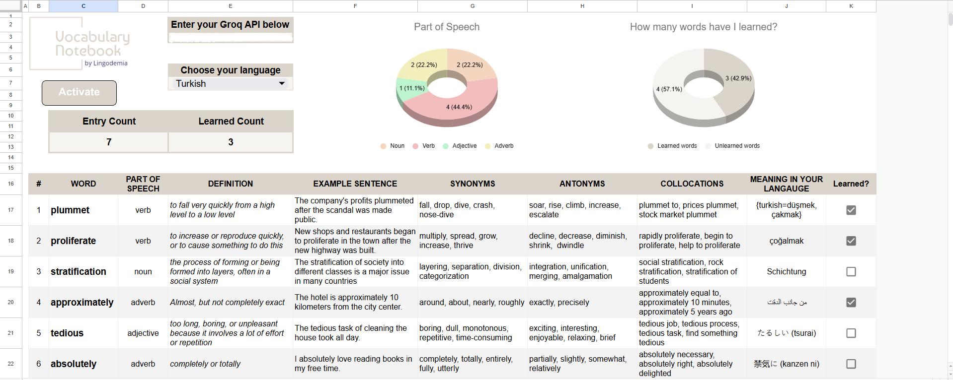 Ai-powered Vocabulary Notebook | Excel & Google Sheets | Groq API ...