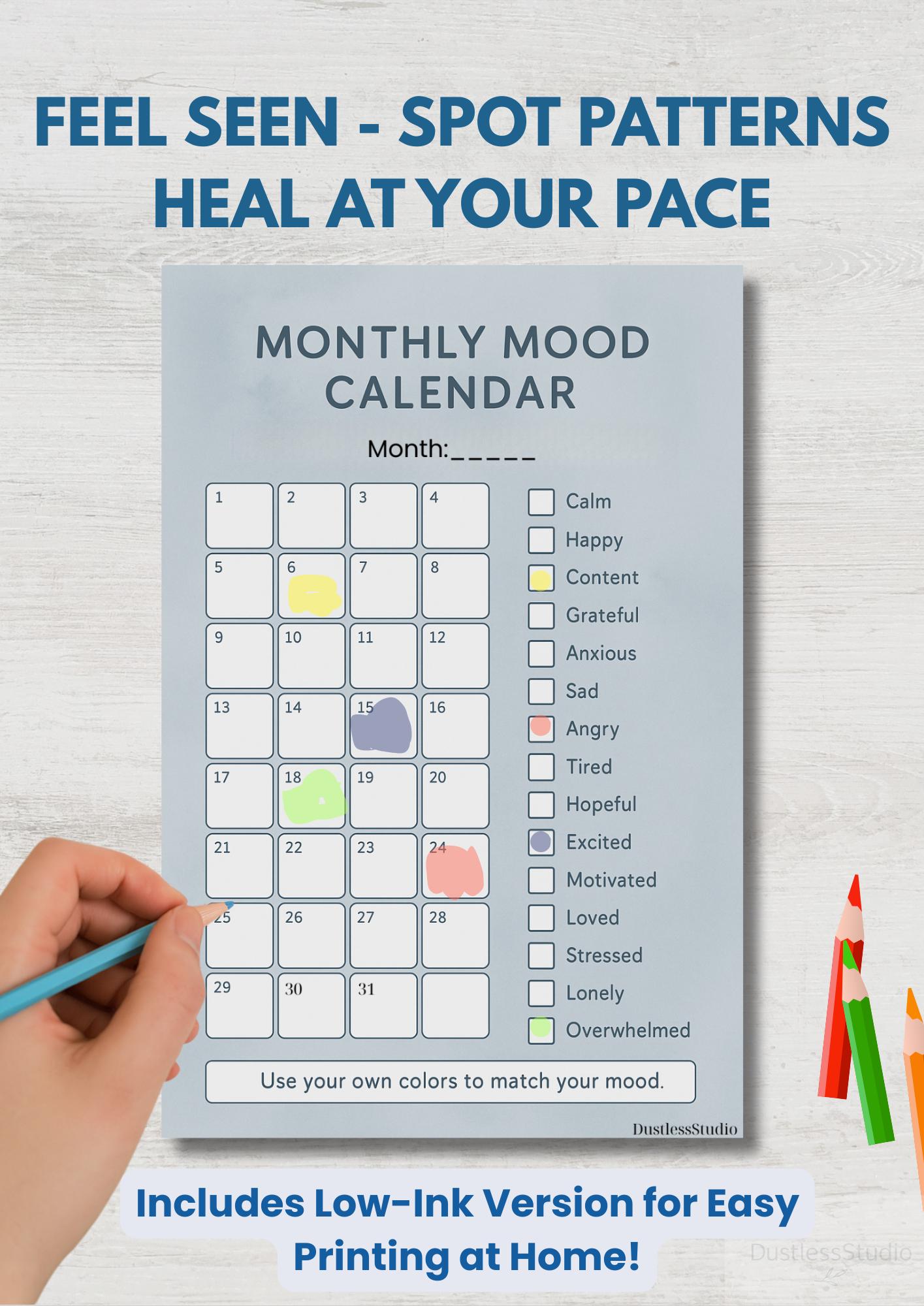 Printable Mood Tracker Calendar | Color Your Mood Daily | Mental Health ...
