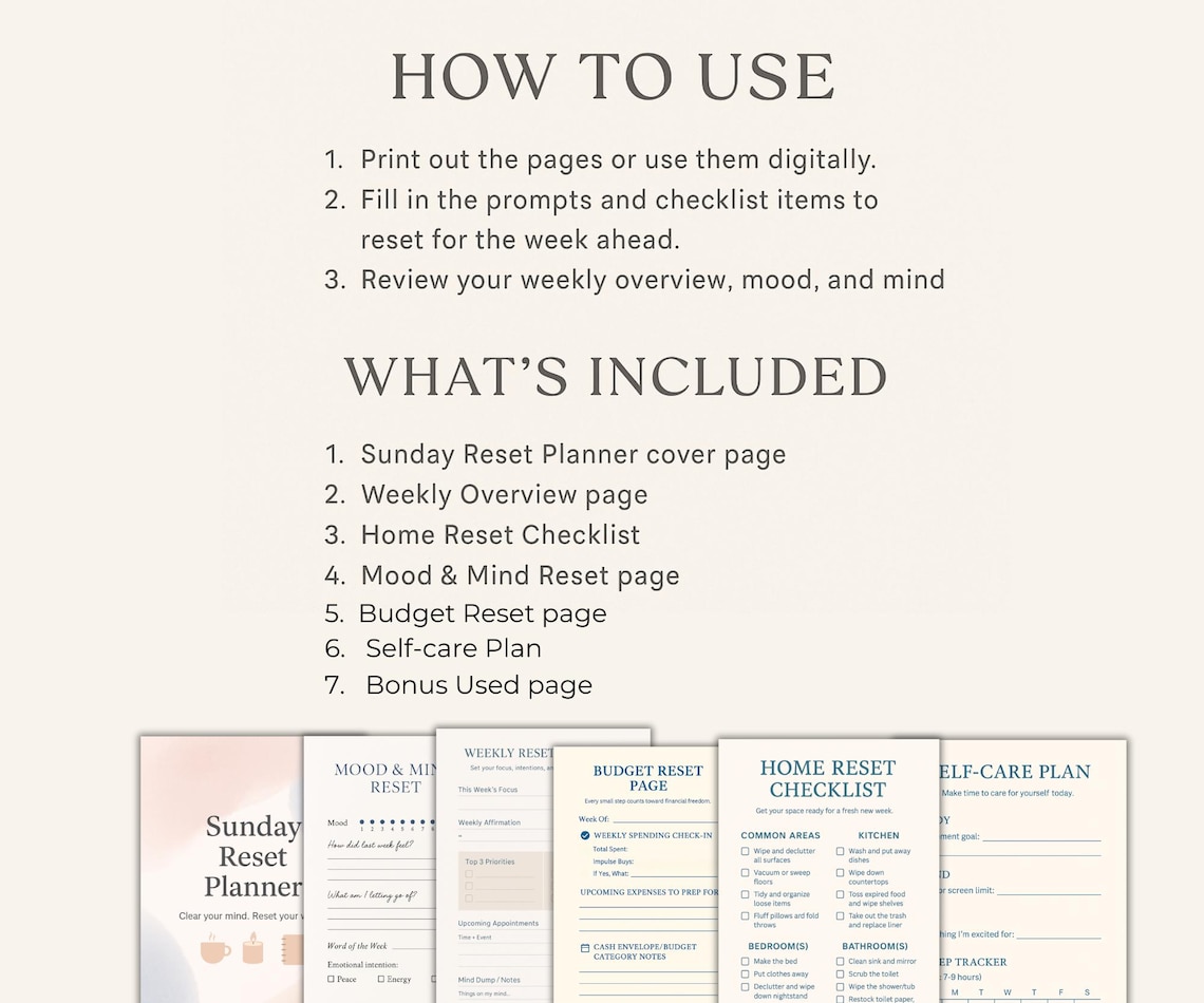 Sunday Reset Planner Printable – Minimalist Weekly Reset Template | Mental Clarity + Home Clean ...