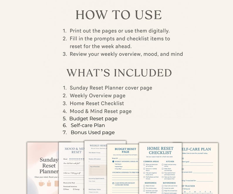 Sunday Reset Planner Printable – Minimalist Weekly Reset Template ...