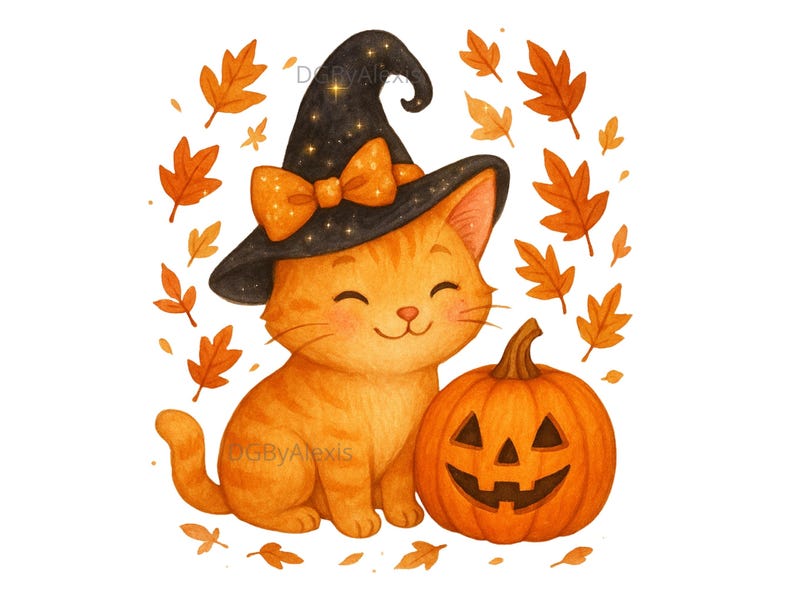 Watercolor Witch Cat Clipart: Halloween Pumpkin PNG (300 DPI ...