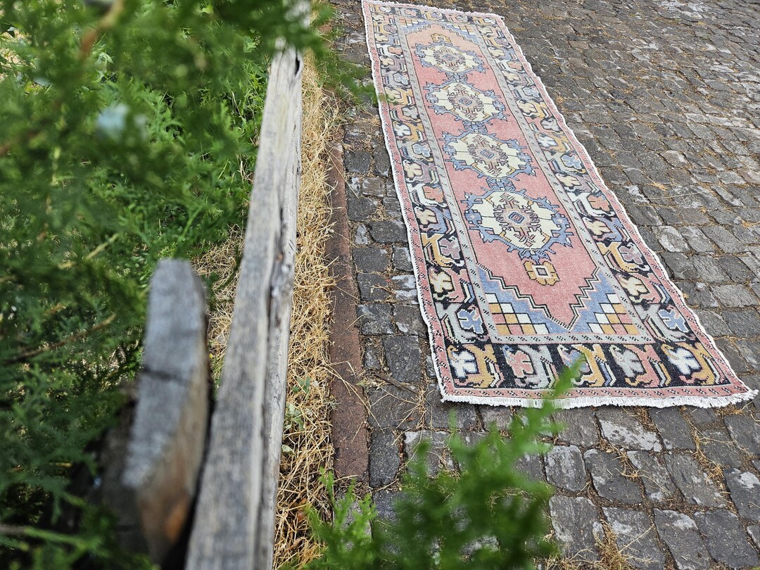 Long Pink Handwoven Turkish Hallway Runner Rug 3x10, Faded Traditional ...