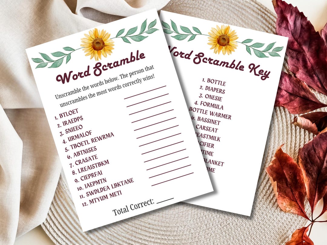 Sunflower Baby Shower Word Scramble Game | 5x7 Printable With Answer ...