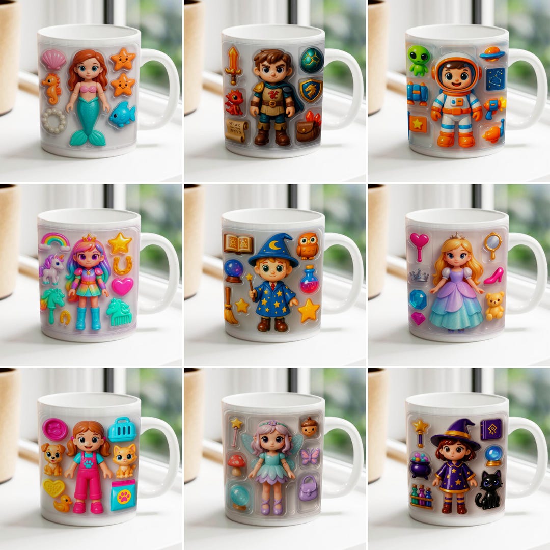 Cute 3D Character Mug Wrap Bundle – Blister Pack Style – Digital ...