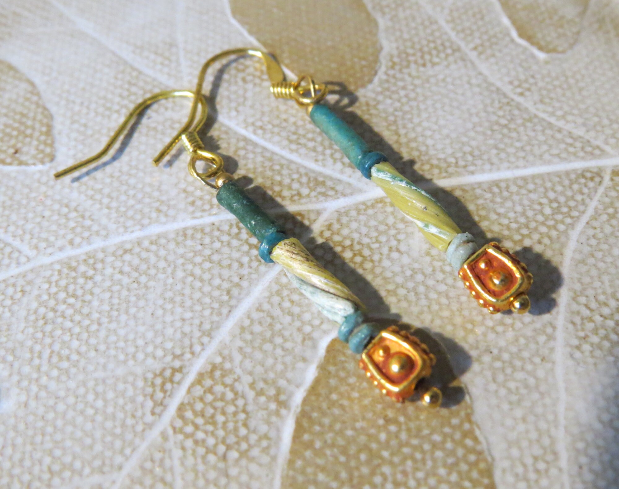 Ancient Egyptian / Roman Faience Glass Earrings Tubular Beads Vermeil ...