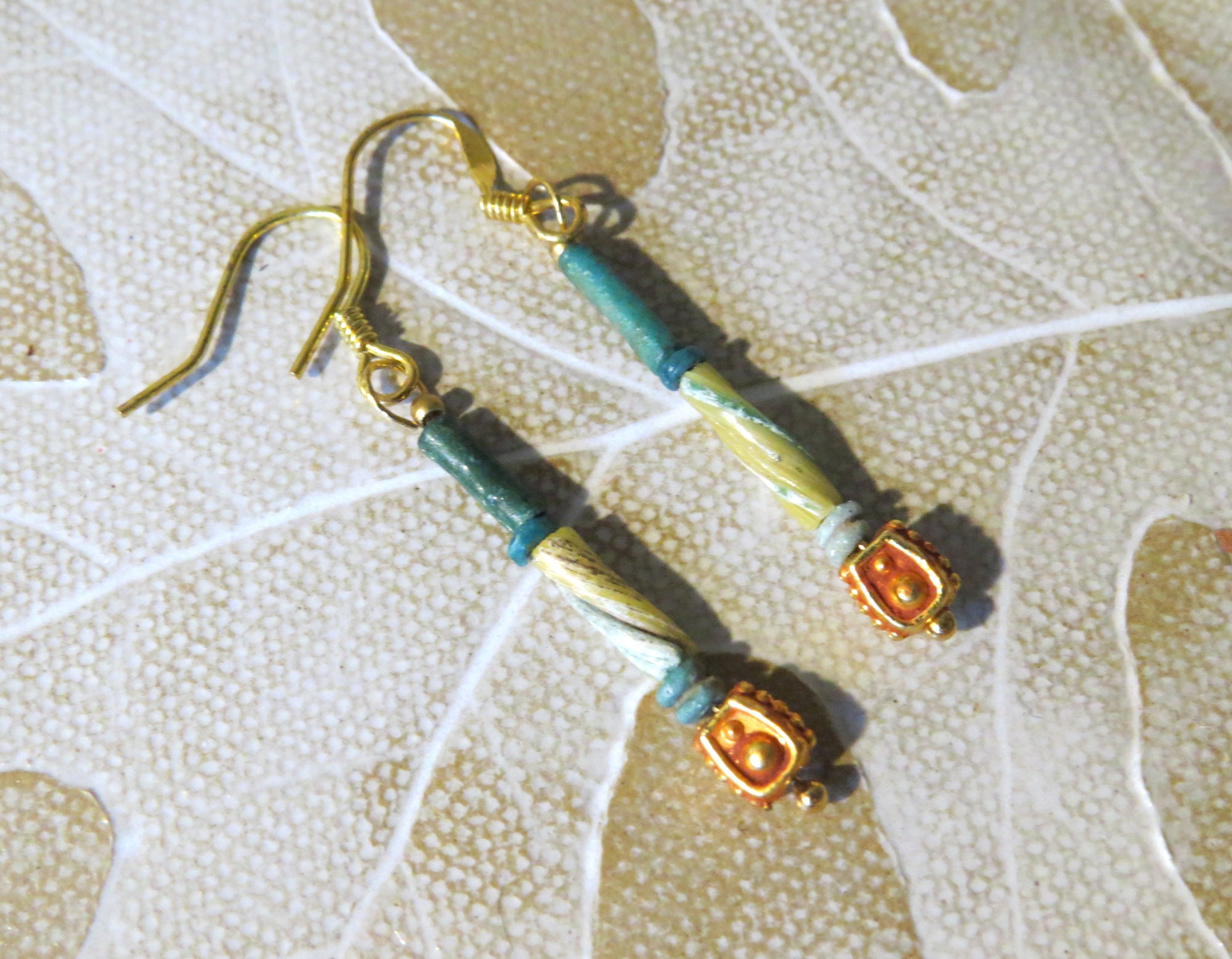 Ancient Egyptian / Roman Faience Glass Earrings Tubular Beads Vermeil ...