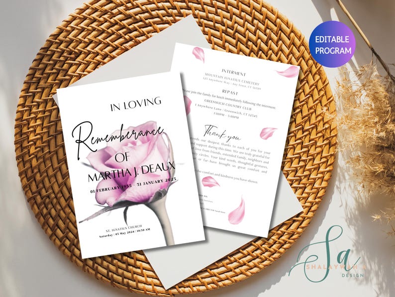Elegant Funeral Program Template | Printable Celebration of Life ...