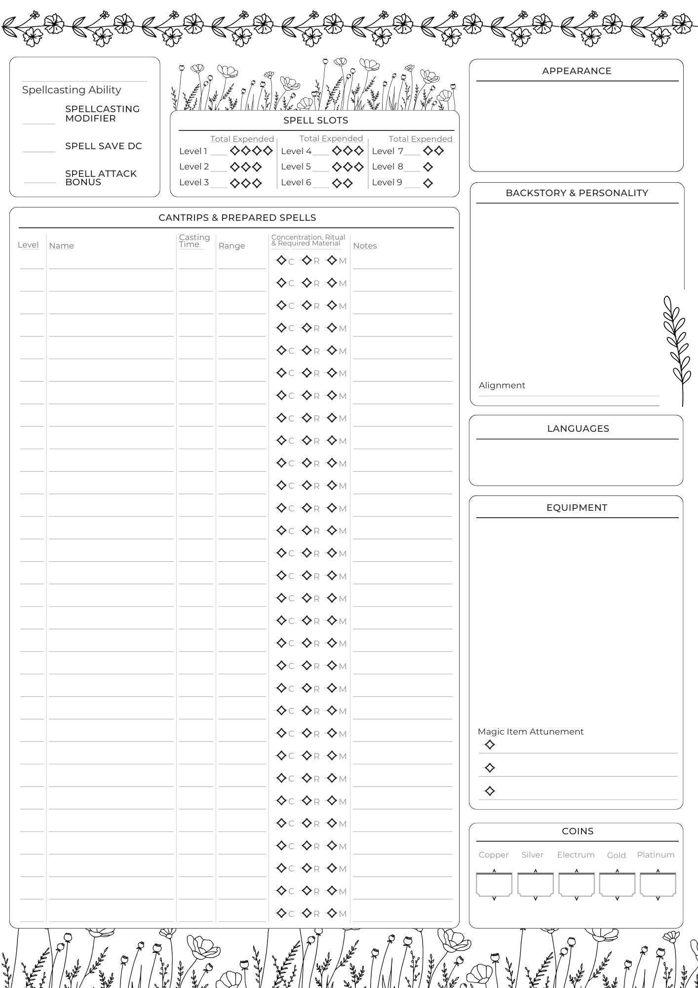 Wildflower Dnd Character Sheet | 2024 and 5e Compatible | Printable and ...