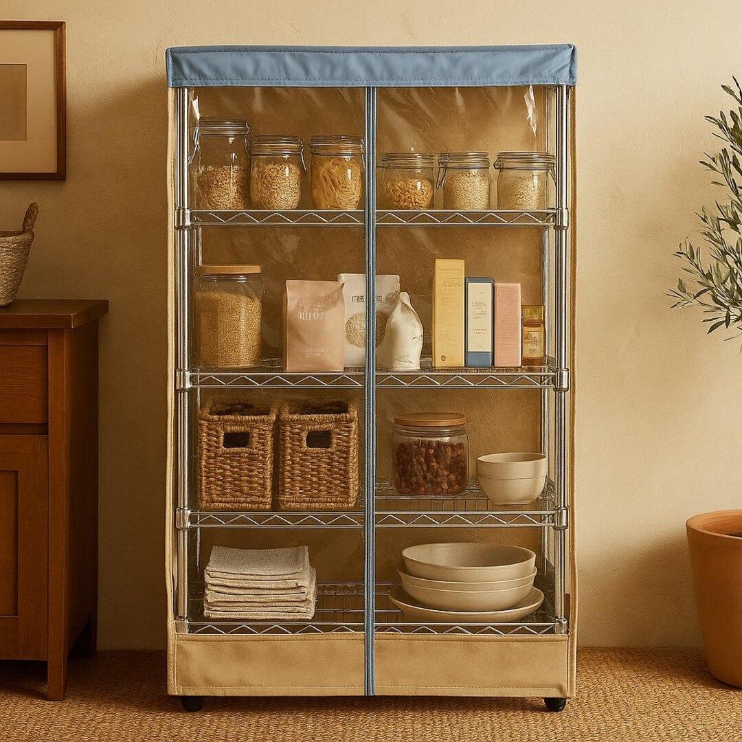 Khaki Storage Shelving Unit Cover: 36"x18"x72", Clear Panel & Blue Trim ...