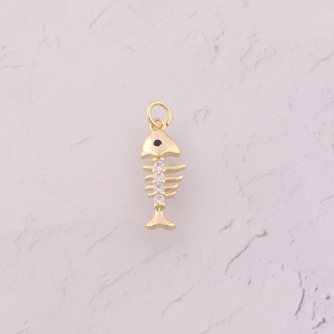 18K Gold Filled Fishbone Pendant Dainty CZ Fishbone Charms for DIY ...