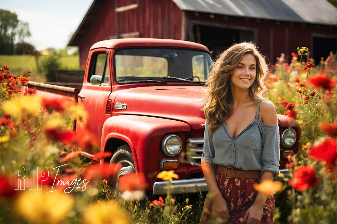Virtual Background Summer Barn With Vintage Red Truck, Photoshop ...