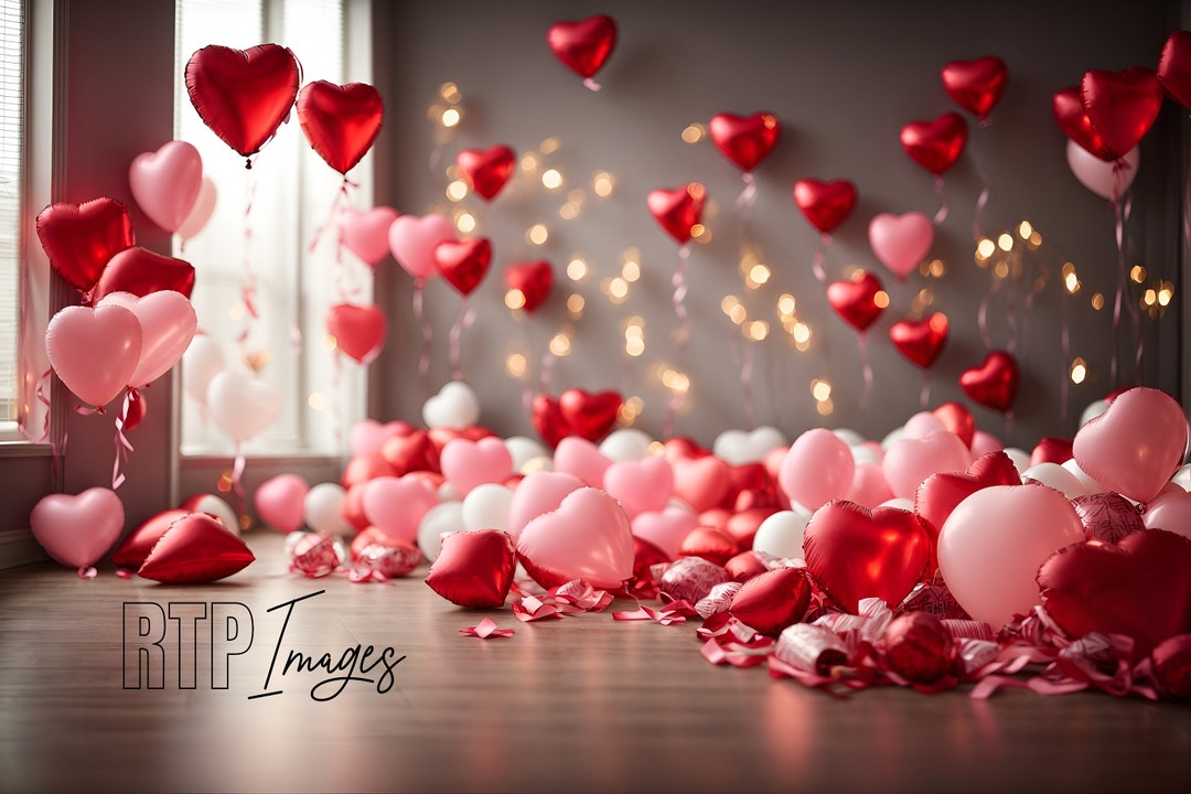Valentine's Day Digital Backdrop Red and Pink Heart Shaped Balloons ...