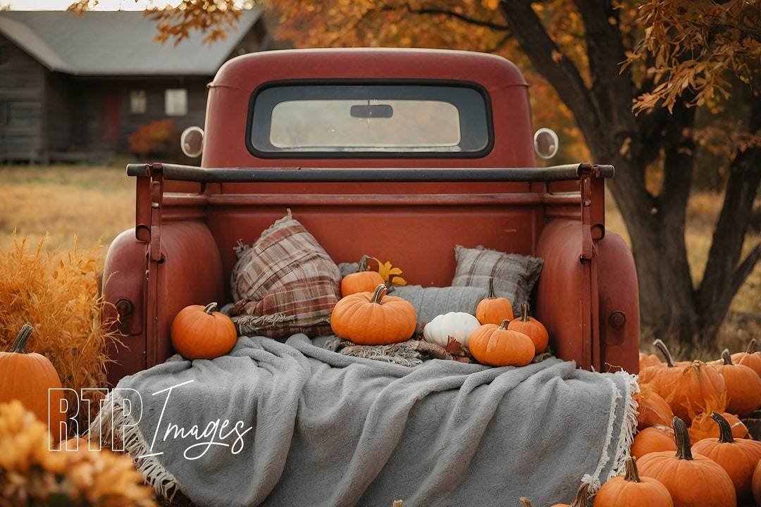 Fall Virtual Background Vintage Truck and Pumpkin Patch, Photoshop ...