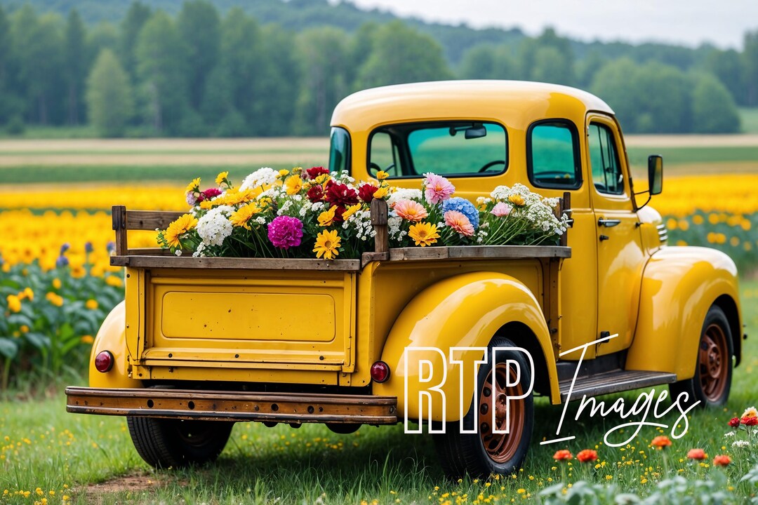 Virtual Background Spring and Summer Vintage Yellow Truck, Photoshop ...
