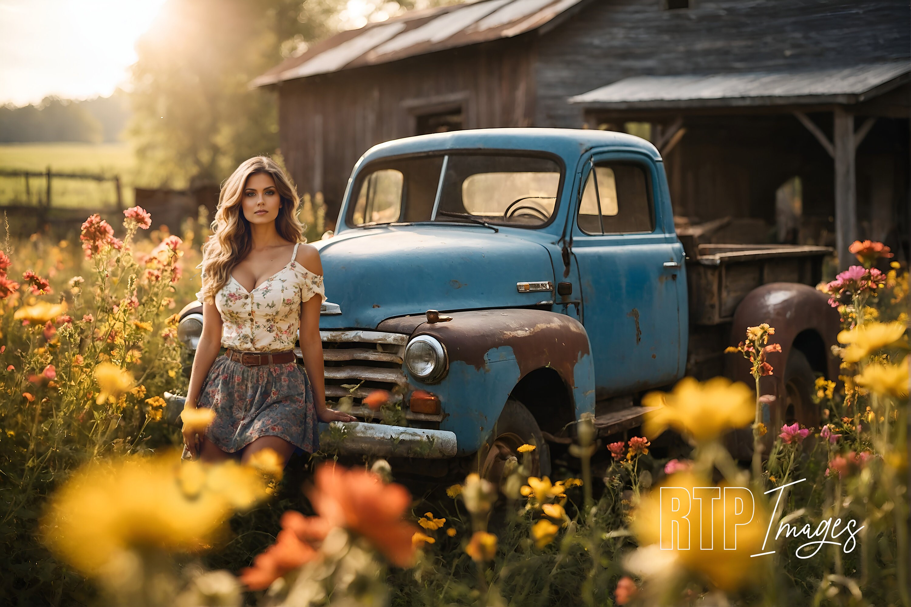 Virtual Background Summer Barn With Vintage Blue Truck, Photoshop ...