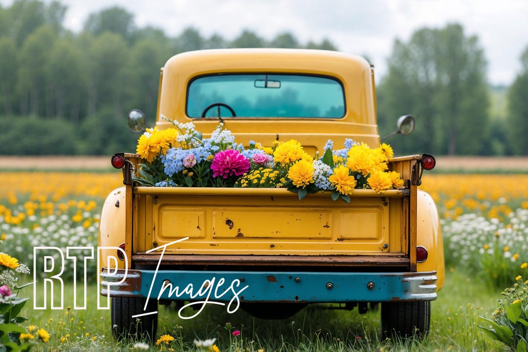 Virtual Background Spring and Summer Vintage Yellow Truck, Photoshop ...