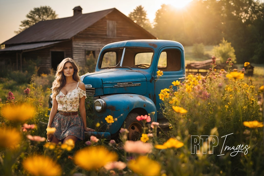 Virtual Background Summer Barn With Vintage Blue Truck, Photoshop ...
